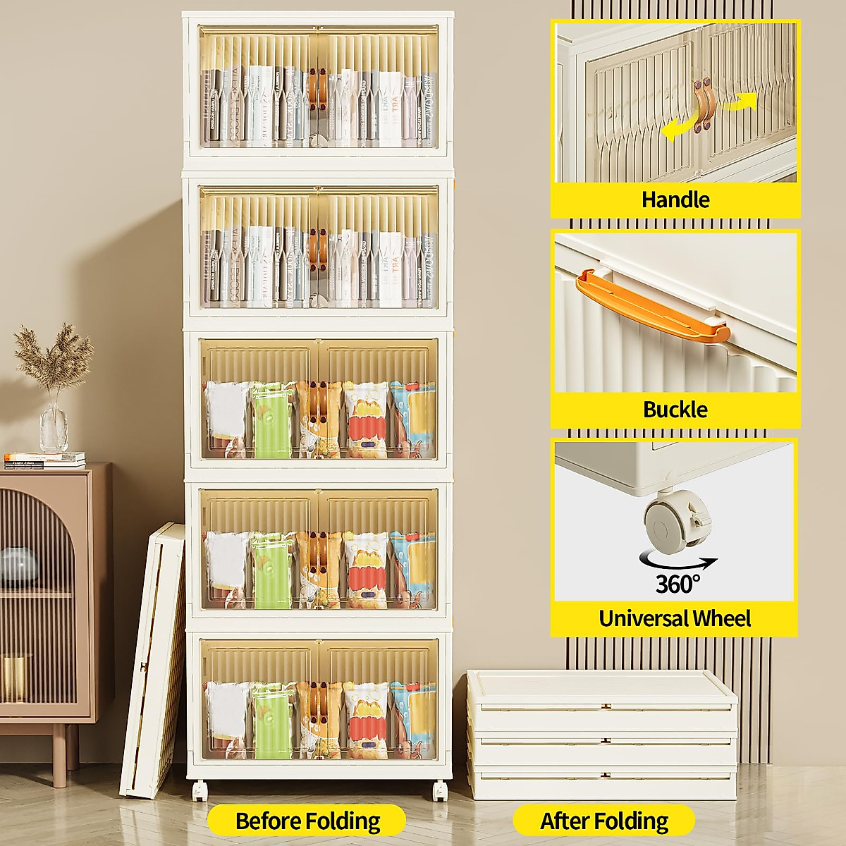 pupustar Storage Bins with Lids and Doors, Plastic Stackable Storage Bins Open Front, Foldable Storage Boxes for Organizing, Folding Storage Bins with Wheels, Opening Storage Boxes Set