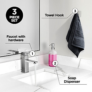 Bathroom Faucet Single Handle 1 or 3 Hole Bathroom Sink Faucet with Glass Soap Dispenser and Towel Hook 304 Stainless Steel, Brushed Nickel