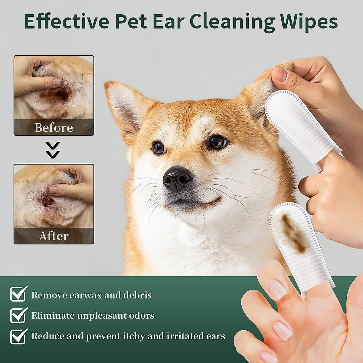 Borgobrufa Dog Ear Finger Wipes, Pet Ear Cleaner Wipes Disposable Natural Ear Relief Cleaning Pads Finger Sleeves for Dog Cat Remove Earwax Odor Soothe Ear Itching and Infection, Cat Ear Wipes, 55 Pcs