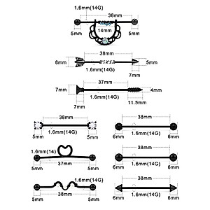 Prjndjw 14G Industrial Earrings For Women Mne Opal Heart surgical steel industrial piercing jewelry barbell Arrow screw external thread jewelry black industrial piercing jewelry 38MM