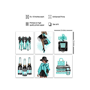 Blue Glam Wall Decor - Black African American Wall Decor - Designer Perfume, Shoes, Handbags - High Fashion Design Gift - Luxury Couture Wall Art Poster Set for Women, Teens, Girls Bedroom