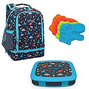 Bentgo 2-in-1 Backpack & Insulated Lunch Bag Set With Kids Prints Lunch Box and 4 Reusable Ice Packs (Dinosaur)