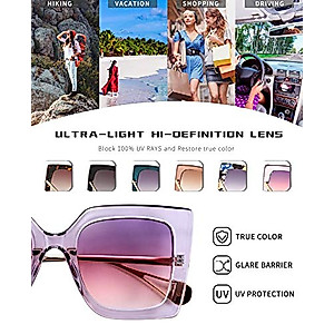 FEISEDY Sunglasses Womens Trendy, Oversized Square Shades, Pearl Inlay Cat Eye Frame UV400 Protection B2625,Clear Purple/Purple Pink