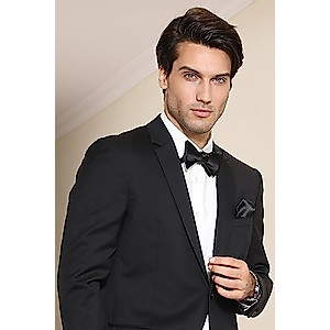 HISDERN Bow Ties for Men Solid Black Self Tie Bow Tie & Pocket Square Set Classic Formal Satin Bow ties for Tuxedo Wedding Party