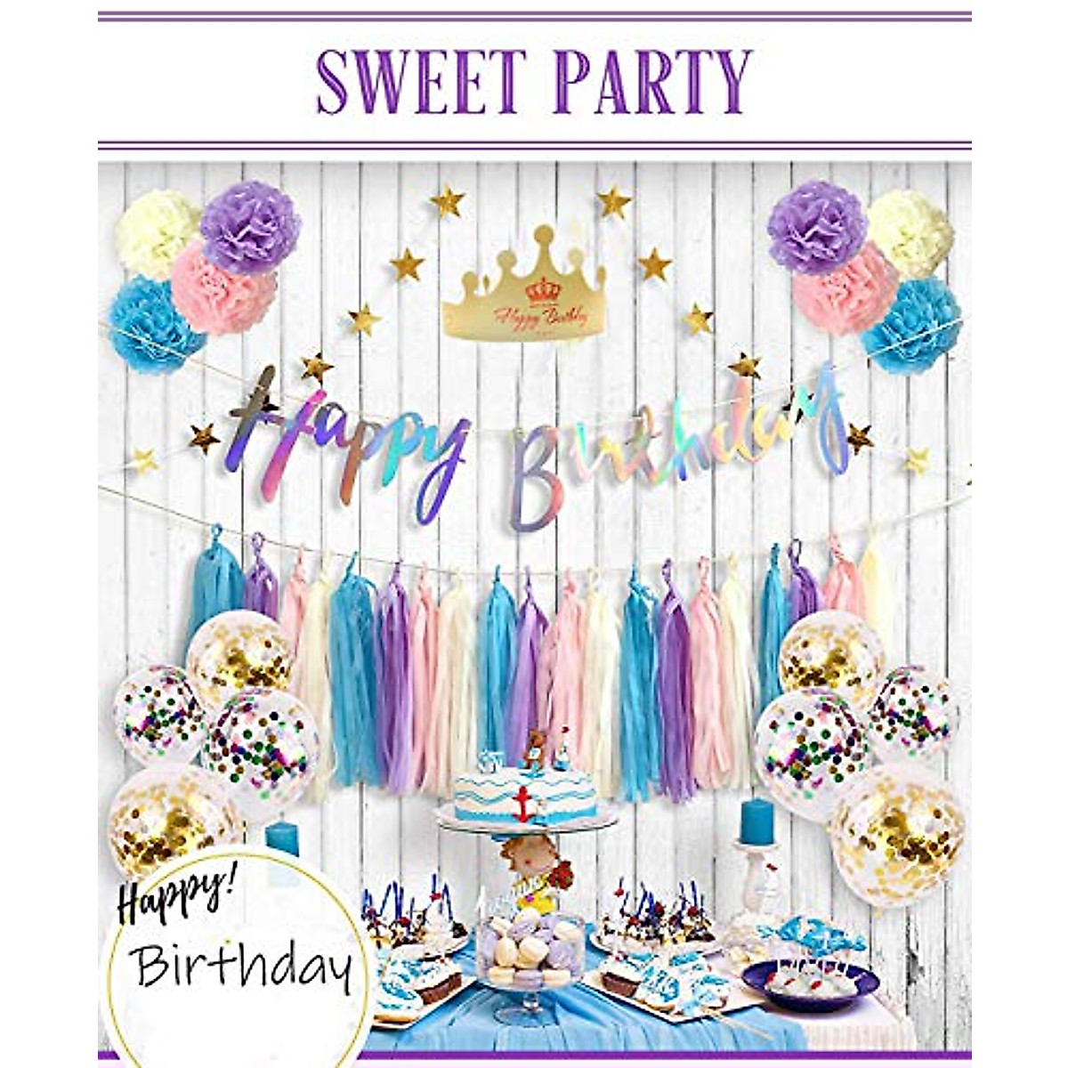 Monkey Home 39pcs Birthday Decorations Blue Purple Pink White Tissue Paper Tassel Star Garland Tissue Paper Pom Poms Confetti Balloon for Birthday,Wedding,Festival,Party Decoration