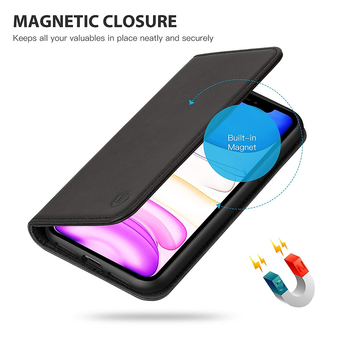 SHIELDON Case for iPhone 11, Genuine Leather Magnetic Wallet Cover Kickstand RFID Blocking Card Slot with TPU Shockproof Protective Cover Compatible with iPhone 11 (6.1 Inch, 2019) - Black