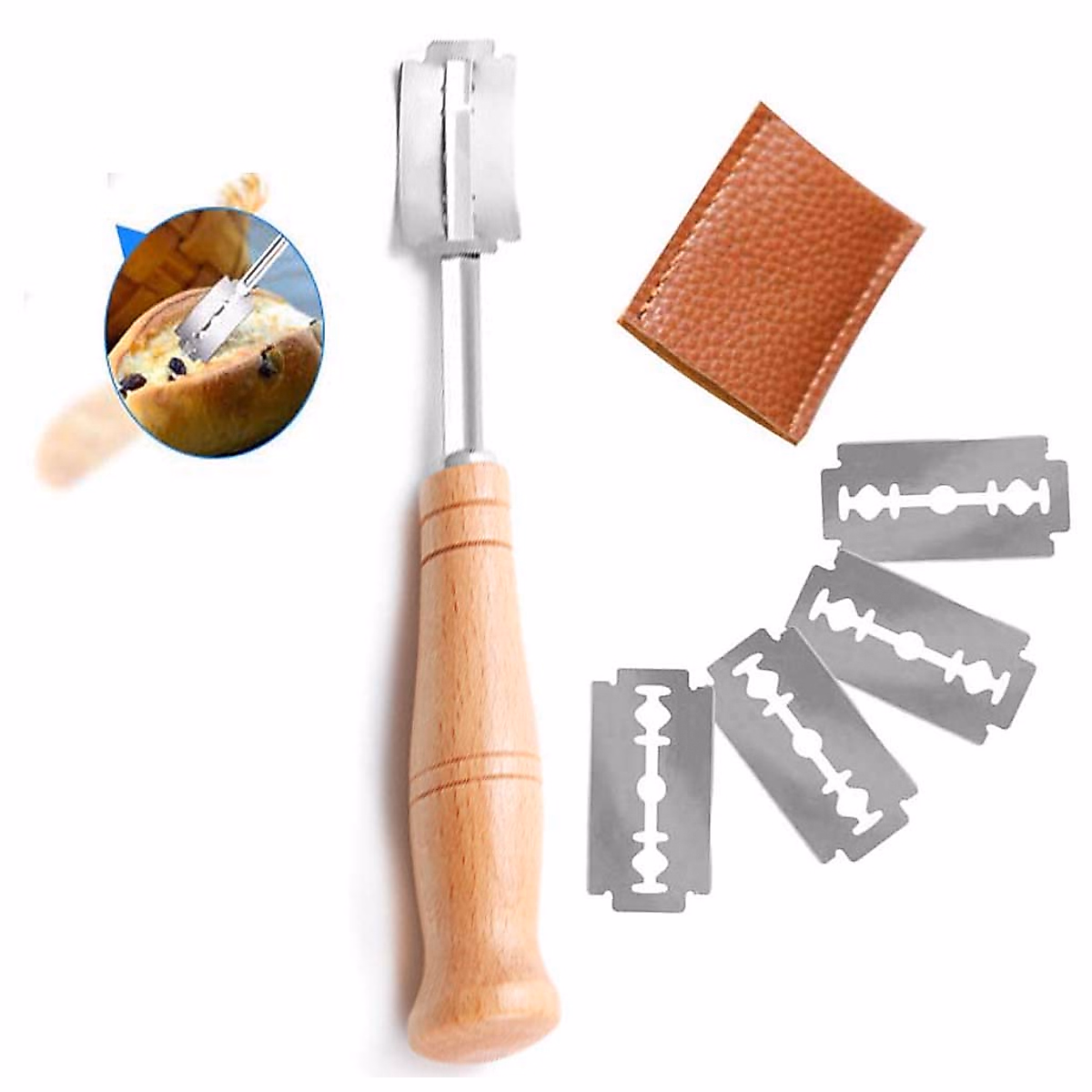 NT-ling Bread Cutter Slashing Tools,Bread Cutter Hand Crafted Bread Lame with 5 Blades and Leather Protective Cover for DIY Bread Dough Bakeware Kitchen