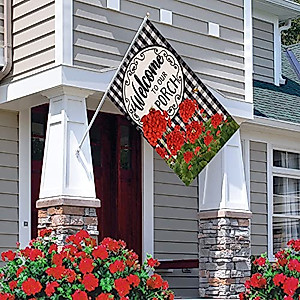 Covido Home Decorative Welcome to Our Porch Geranium Spring Summer House Flag, Flower Black White Buffalo Plaid Check Garden Yard Outside Decoration, Fall Autumn Farmhouse Outdoor Large Decor 28x40