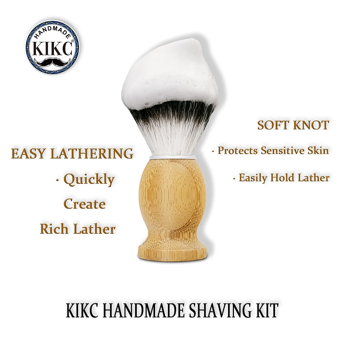 KIKC Hand Crafted Shaving Brush for Vegans, Synthetic Hair Bristle for Wet Shave, Comfortable Bamboo Handle, Best Gift for Bearded Man