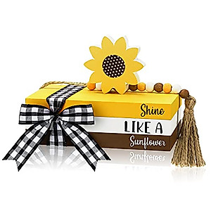 Queekay Tiered Tray Decor, Decorative Fake Book Decor Rustic Wooden Fake Old Books Home Mantle Decor for Spring Summer Fall Table Shelf Mantle Decorations(Sunflower)