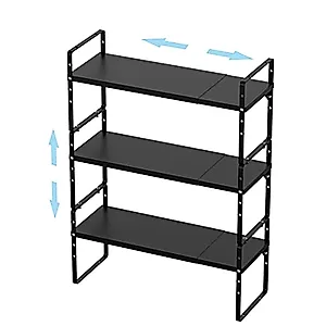 SANNO Expandable Cabinet Shelf Rack,Large Kitchen Cupboard Organizer Stackable Counter Shelf Organizer large Expandable Shelves Cupboard Organizer Rack, Black, 3 pack
