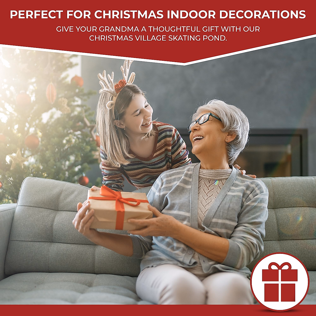 Animated Christmas Village Skating Pond - Lighted Musical Snow Scene with 4 Moving Skaters, Adapter, Battery Slot