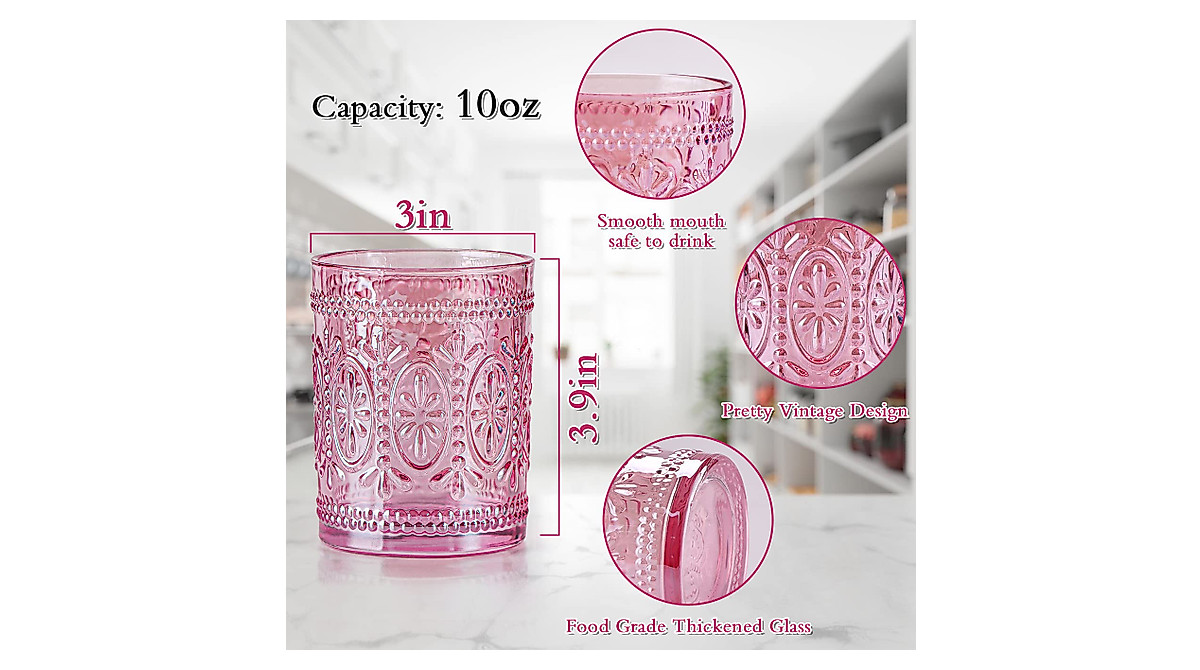 Vintage Pink Glassware Set - 10oz Romantic Glasses