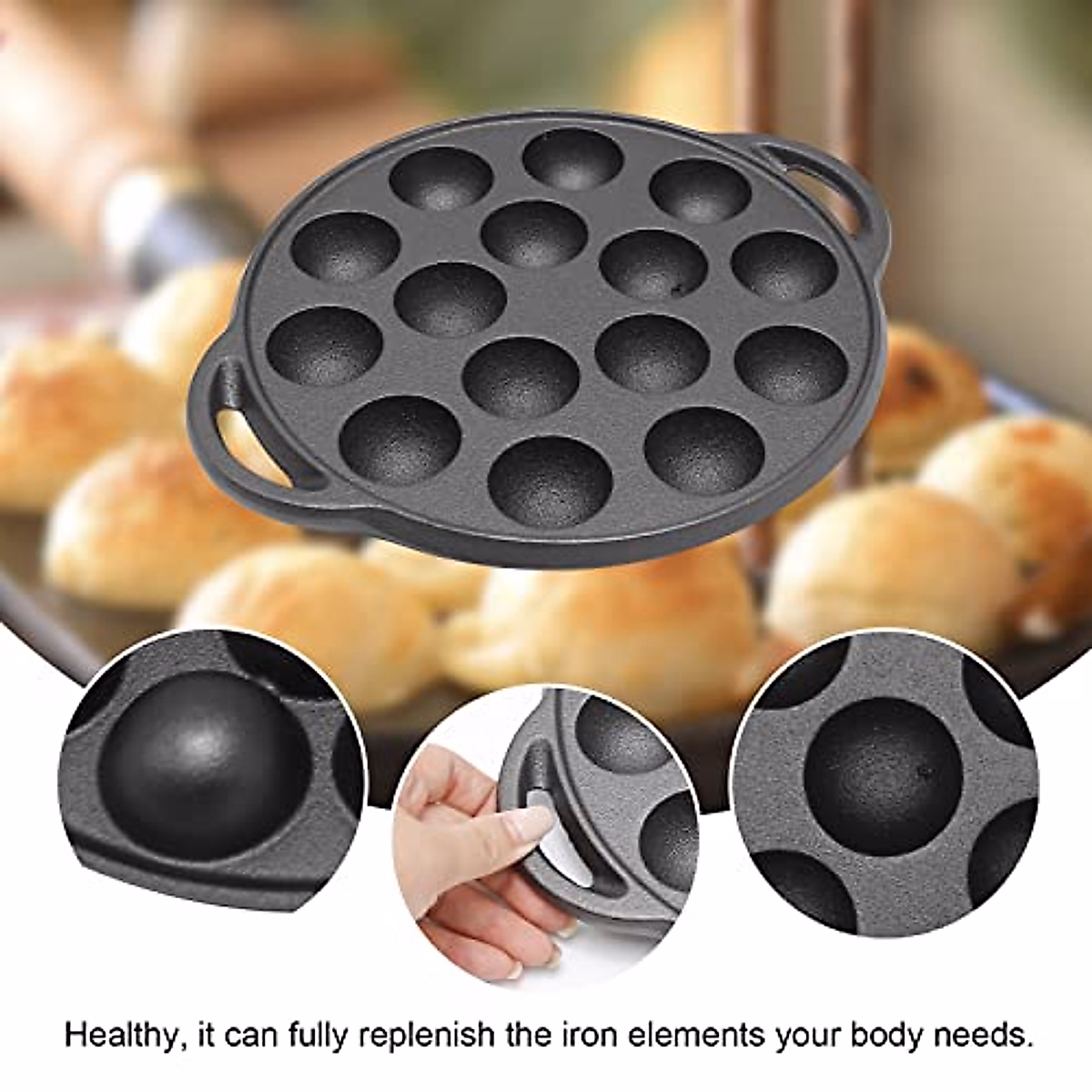 15 Hole Takoyaki Pan, Cast Iron Heavy Duty NonStick Square Cooking Plate Octopus Ball Maker 1.5" Half Sphere Takoyaki Maker for Baking Cooking