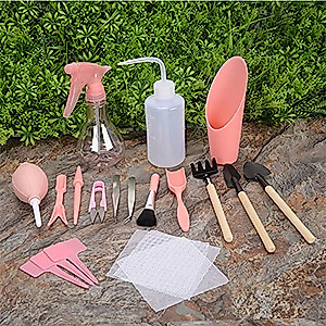22 Pieces Succulent Planting Tools Kit, Mini Gardening Hand Tools Set - Potting,Cactus, Bonsai, Transplanting Tools + PU Nylon Gloves Coated Palm Anti-Static + Gardening Mat (Pink)_AB