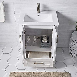Popity home 24 Inch Small Bathroom Vanity with Sink, Modern White Bathroom Vanity, Wood Standing Bathroom Vanity Set with Ceramic Vessel Sink 2 Doors 1 Drawer