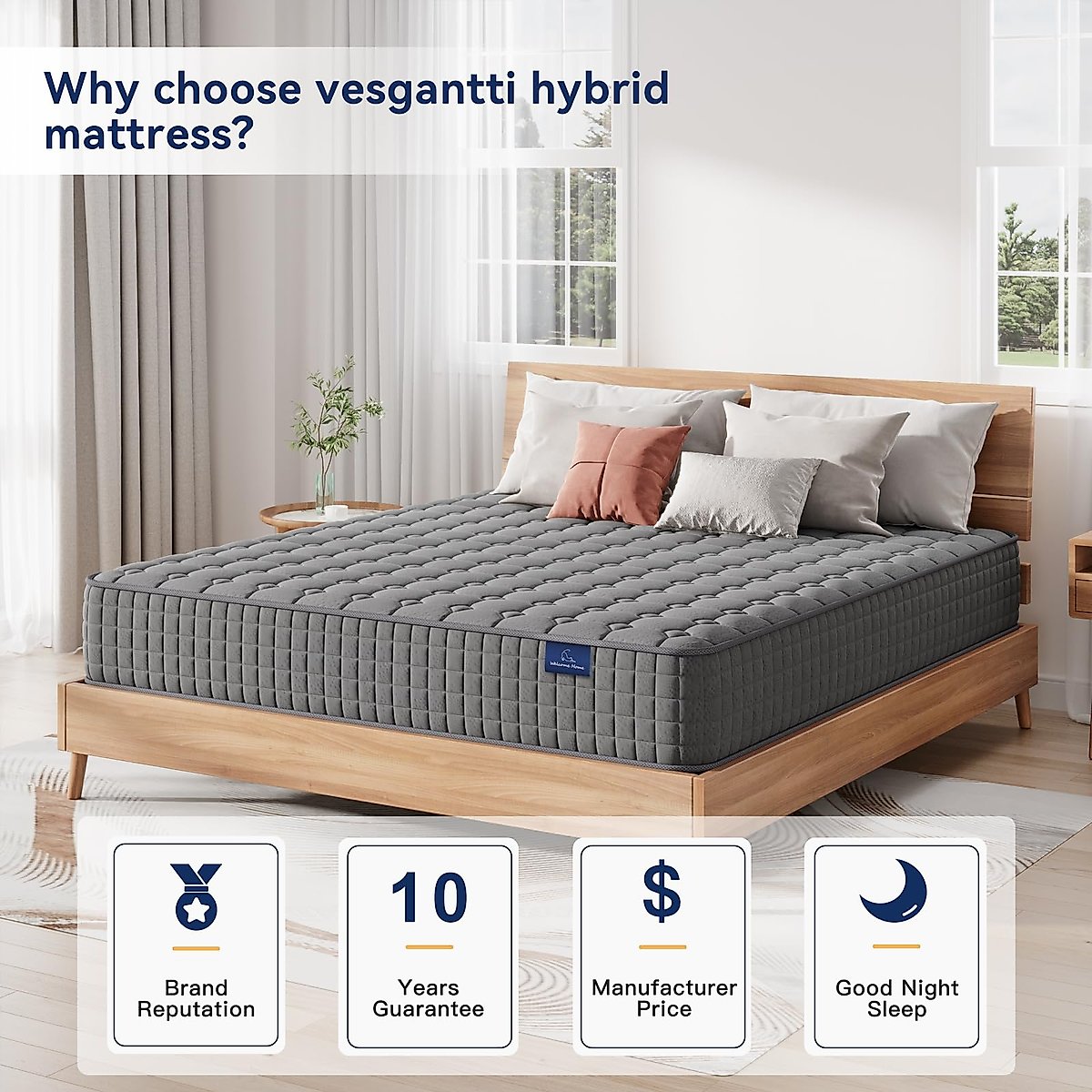 Vesgantti 8 Inch Multilayer Hybrid Full Mattress - Multiple Sizes & Styles Available, Ergonomic Design with Memory Foam and Pocket Spring, Medium Firm Feel, Grey