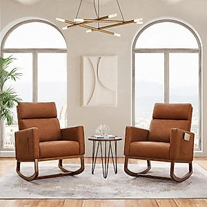 Yaheetech Leather Living Room Chair, Rocking Accent Chair, Modern Nursery Glider Chair with High Back and Side Pocket, Accent Rocker Armchair with Wood Legs for Living Room Bedroom Study, Brown