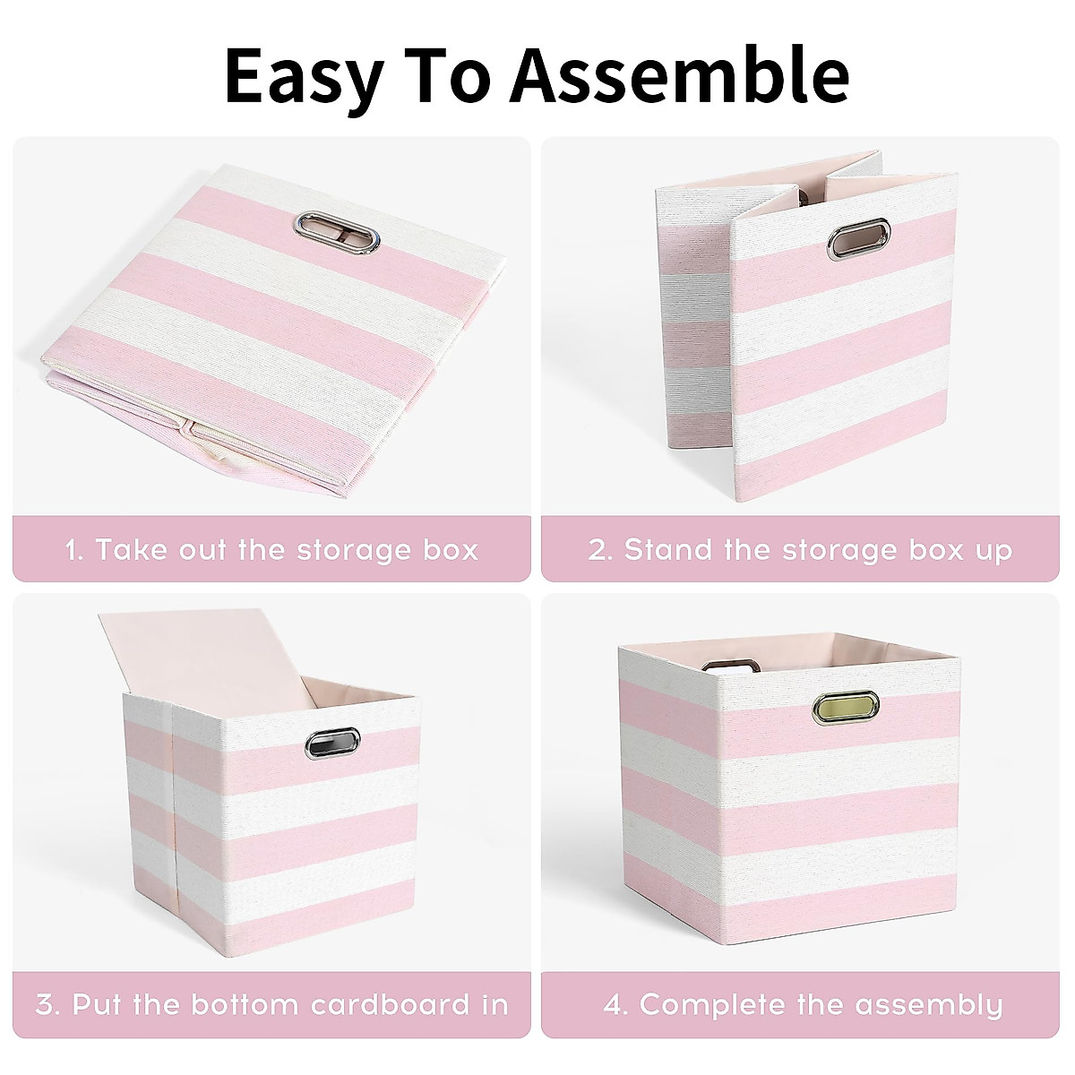 13x13 Collapsible Storage Bins, Cubby Storage Boxes with Handles for Organizing Shelf Closet, Offices, Home Decor, 4 Pack, Pink-white Stripes