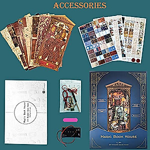Spilay DIY Dollhouse Miniature Book Nook Assemble Kit,3D Wooden Puzzle Bookshelf Insert Decor with Light, Bookends Model Build-Creativity Kit for Adults Women Birthday Gift (SQ06)