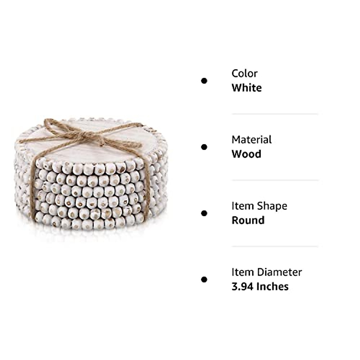 6 Pcs Beaded Wood Coasters Sets 3.94 Inches Round Beaded Coasters Farmhouse Coasters Home Wood Coasters for Drinks Bar Coasters Table Top Coasters for Home Kitchen Table Housewarming (White)