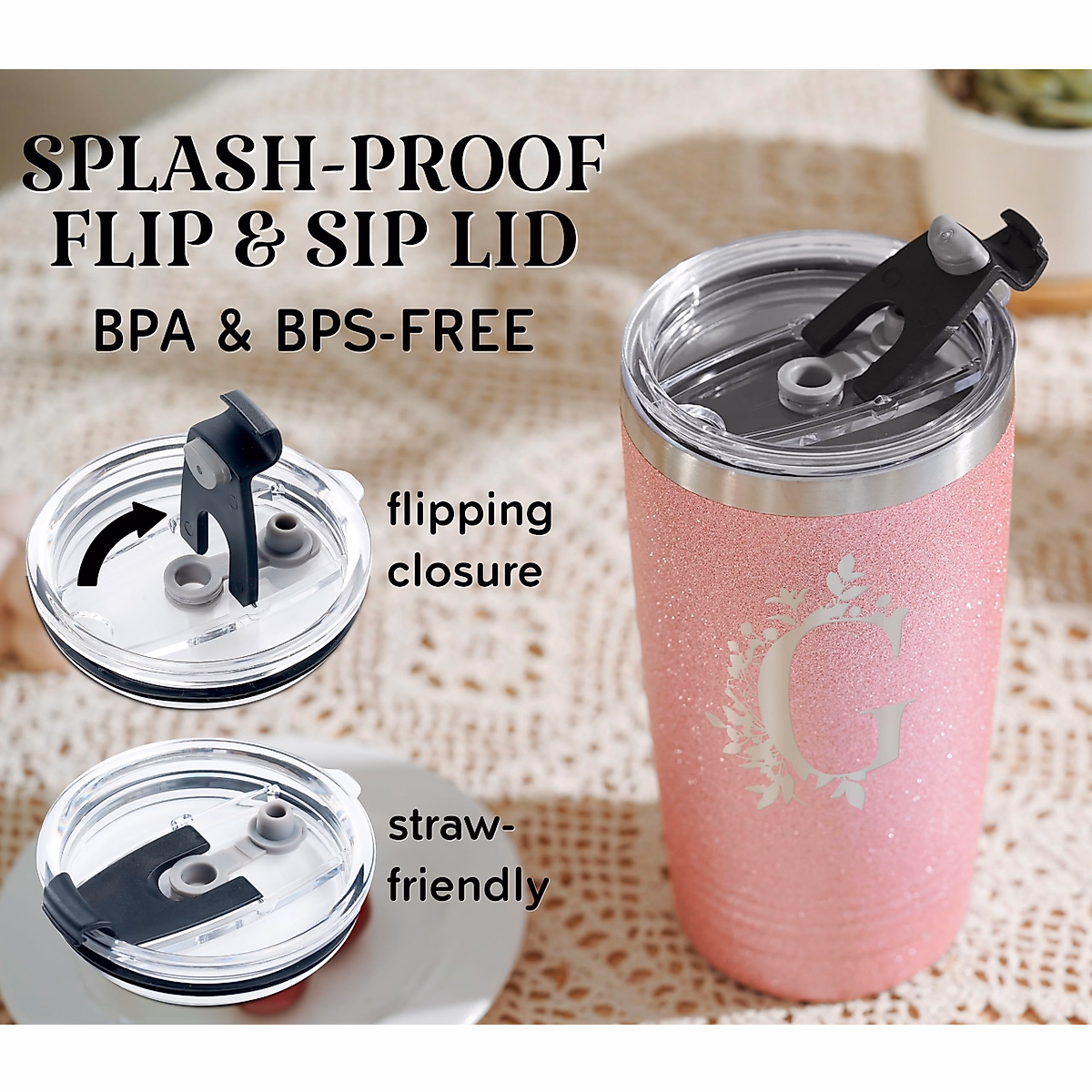 Personalized Tumblers with Lids and Straws for Women, Monogrammed Travel Mugs with Initials, Unique Gifts for Her on Birthdays Xmas, Rose Gold, S