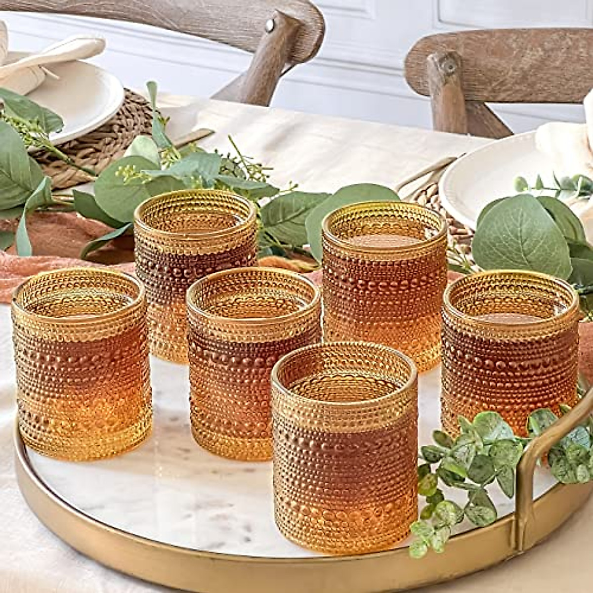 Kate Aspen Beaded Amber Drinking Glasses Set of 6-10 oz Vintage Glassware Set Jupiter Glasses, Cocktail Glass Set, Juice Glass, Water Cups | Hostess Gift, Christmas Present, Gift for Newlyweds