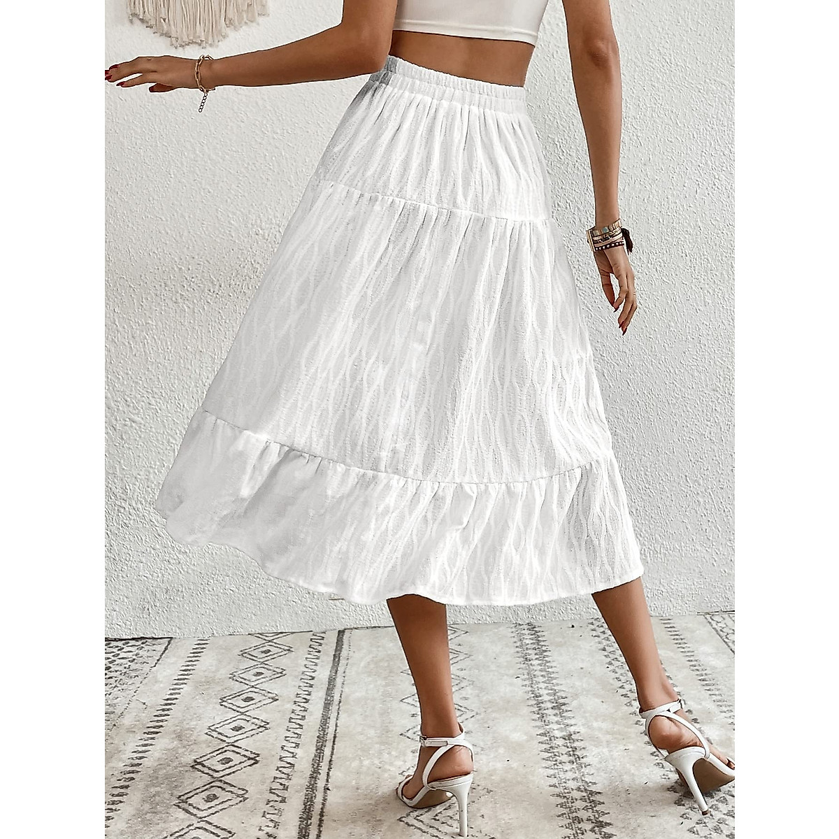 Verdusa Women's Elastic High Waist Ruffle Hem Solid A Line Flowy Midi Skirt White M