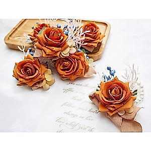 AJOYEGG Wrist Corsage Wristlet Band Bracelet: Set of 6 Corsage Flower for Women Bride Bridesmaid Wedding Prom(Burnt Orange)