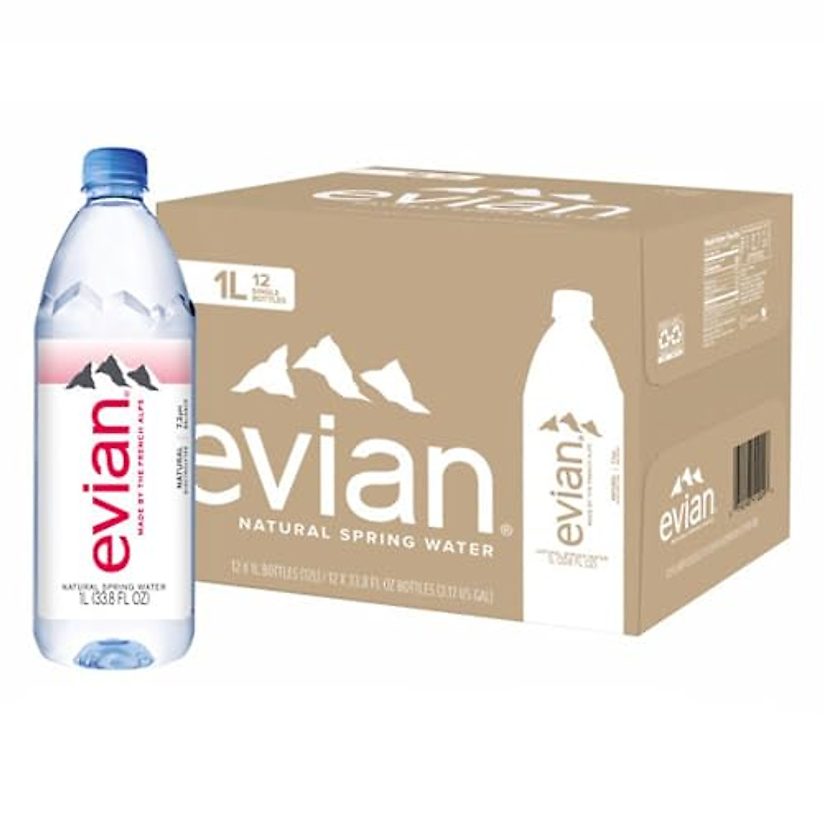 evian Natural Spring Water, PH Balanced with Natural Electrolytes, 33.8fl oz./1L Bottles (pack of 12)