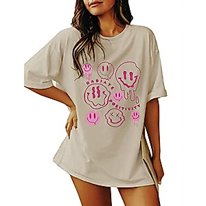 Meladyan Women Oversized Funny Graphic Letter Print T Shirt Drop Shoulder Crew Neck Summer Casual Tee Tops White