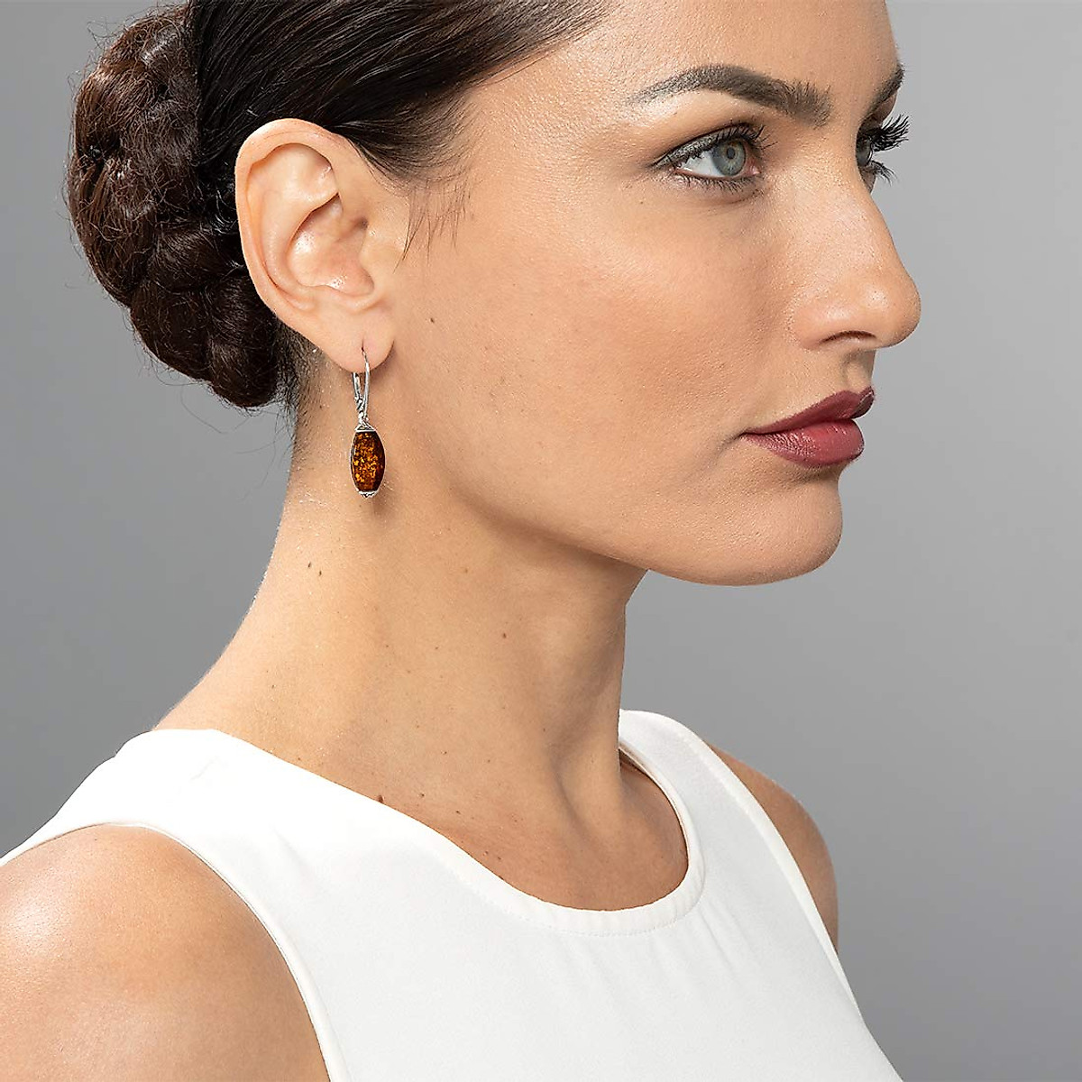 Peora Genuine Baltic Amber Gallery Drop Earrings for Women 925 Sterling Silver, Rich Cognac Color, Lever backs