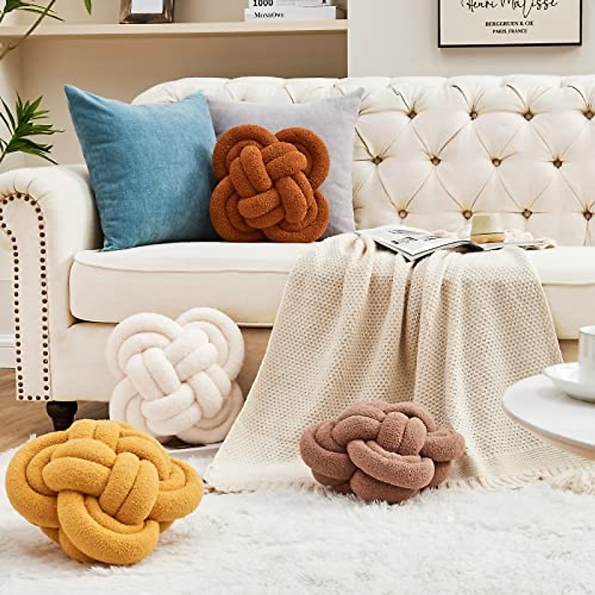 Xiashrk Knot Pillow Ball, Decorative Throw Pillows with Soft Lamb Fleece Fabric for Bed Living Room, Knotted Pillow Home Decor Handmade Square Plush Cushion for Couch
