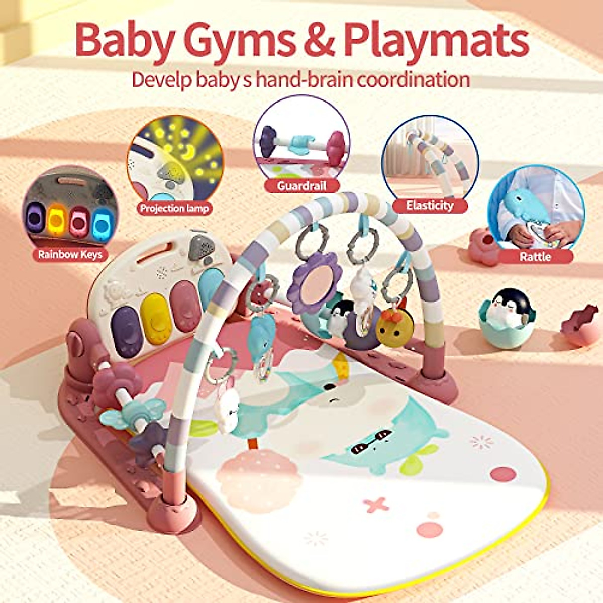 Jovow Baby Gym with Kick and Play Piano,Baby Play Mat Tummy Time Baby Activity Gym Mat with 5 Infant Learning Sensory for Baby, Music and Lights Boy or Girl Gifts for Newborn（Pink）