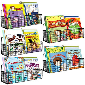 Wensdr Wall Mounted Metal Kids Bookshelf, Metal Wire Storage Bookshelf, Floating Book Shelves for Kids Room, Metal Hanging Bookshelve Organizer for Room Decor (Black, 5 Pack)