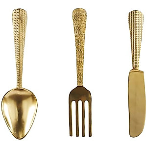 Deco 79 Aluminum Metal Utensils Home Wall Decor Knife, Spoon and Fork Wall Sculpture, Set of 3 Wall Art 4" W, 23" H, Gold