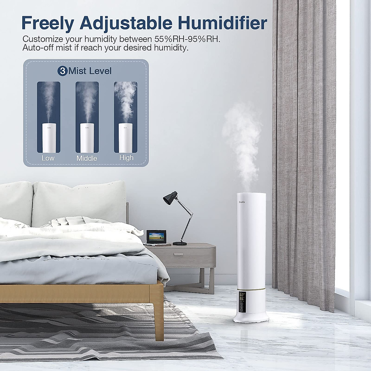 9L Large Humidifiers for Bedroom - Cool Mist Humidifier with 3 Mist Speeds, Remote Control, Top Fill Design, 360° Nozzle, 24H Timer | Whisper-Quiet Tower Design for Baby, Home, Adults, Plants