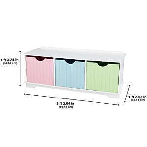 KidKraft Nantucket Wooden Storage Bench with Three Bins and Wainscoting Detail - Pastel, Gift for Ages 3+