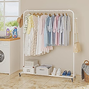 Boeeoan Garment Rack, Clothes Rack With Wheels, Freestanding Simple Single Pole, Coat Rack, Multi-functional Rolling Clothing Storage Rack With 2 Hooks for Bedroom, Laundry Room, Living-room, White