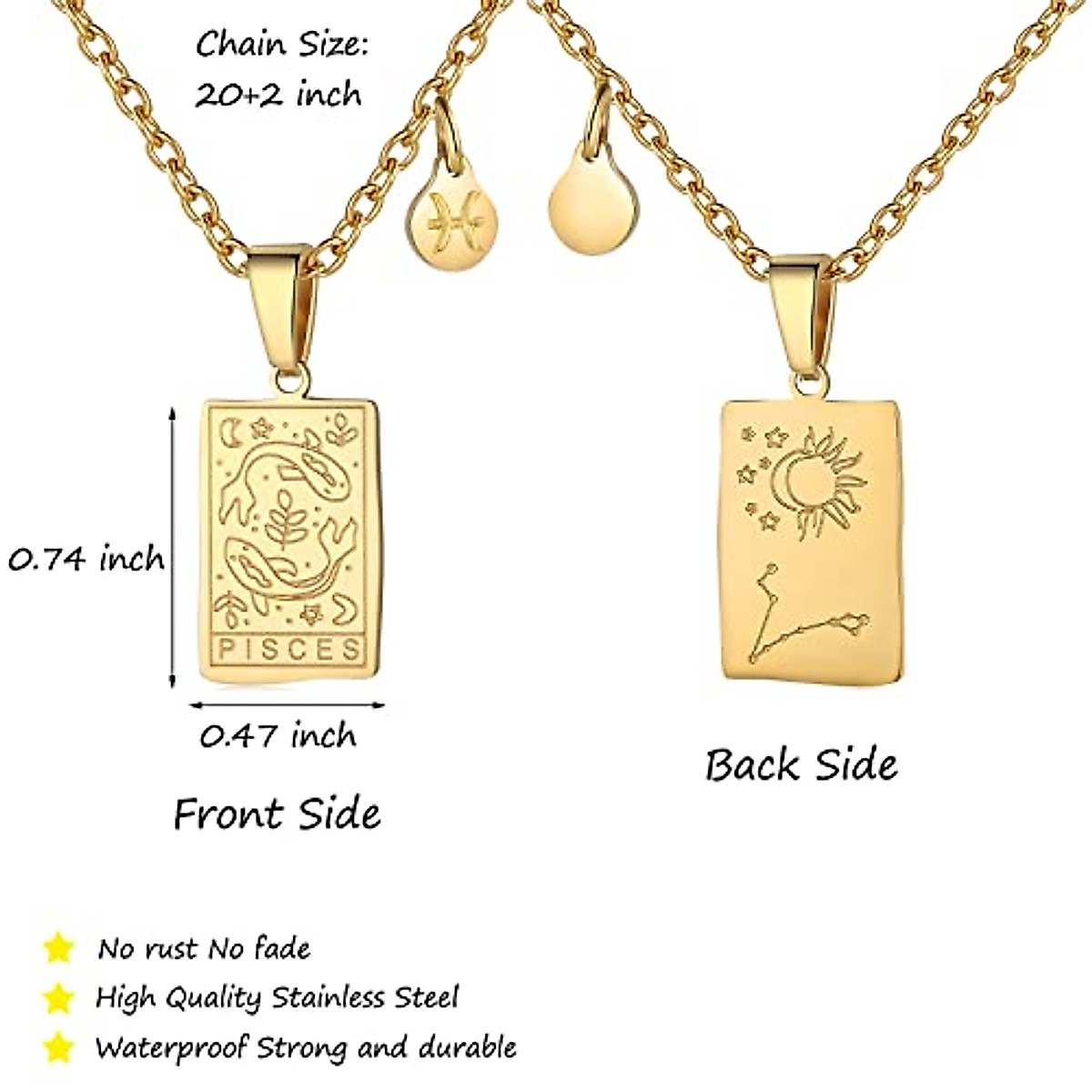 Zodiac Sign Necklace for Women Constellation Tarot Card Pendant Double Sided Gold Stainless Steel Waterproof NonTarnish Friendship Jewelry Gift（Pisces）