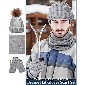 9 Pcs Winter Knitted Hat Scarf Gloves Set Warm Beanie Hat with Faux Fur Pom Fleece Lining Neck Warmer Touchscreen Gloves for Women, Men