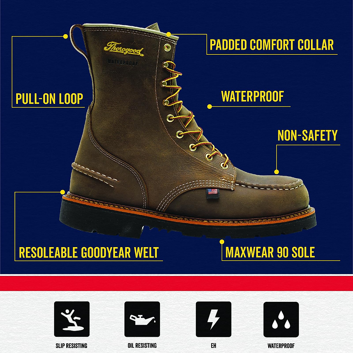 Thorogood 1957 Series 8” Waterproof Moc Toe Work Boots for Men - Soft Toe, Full-Grain Leather with Comfort Insole and Slip-Resistant Heel Outsole; EH Rated, Crazy Horse - 12 2E US