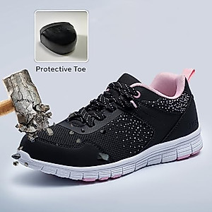 SPIEZ Lightweight Composite Toe Safety Shoes for Women, Non-Slip Puncture Proof Work Shoes for Ladies, Breathable Safety Toe Sneakers for Work and Daily Wear (Women Size 7) Black-Pink