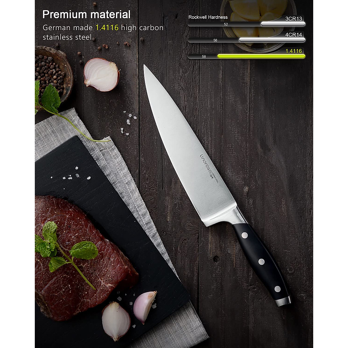 linoroso Chef Knife - Professional Pro Kitchen Knife 8 inch Chef's Knives, German High Carbon Stainless Steel Ultra Sharp Cooking Knife with Full Tang Ergonomic Handle - Classic Series