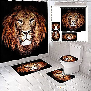 4 Piece Black Lion Animal Majestic Forest Leo King Shower Curtains Sets with Non-Slip Rugs, Toilet Lid Cover and Bath Mat, Bathroom Sets with Shower Curtain and Rugs and Accessories