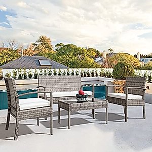 EMKK 4 Pieces Outdoor Sectional Wicker Patio Furniture Sets, All-Weather Rattan Sofa Conversation Cushions, Loveseat, Glass Table, Shallow Grey