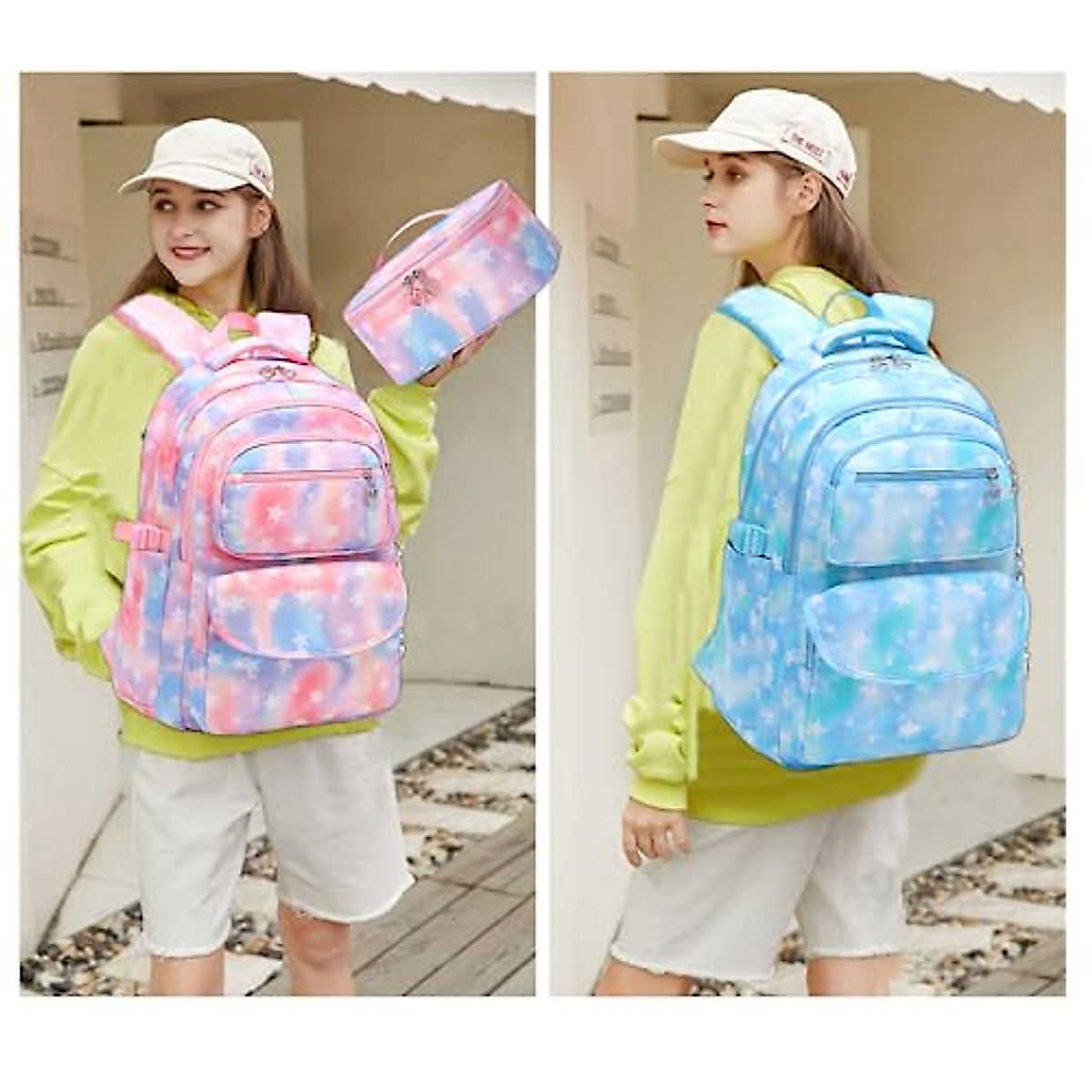 MITOWERMI Star-print Backpack for Girls Elementary School Bookbags Middle-School Backpacks with Lunch Box Pencil Case Many Compartments Blue