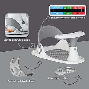 BEBELEH™ Baby Bath Seat [Original] – Baby Bath Portable Chair + Carry Bag + Baby Bath Thermometer – Compact and Foldable – Ultra Strong Suction Cups – Non-Slip Padding Infant Seat. Ideal Gift! (Grey)