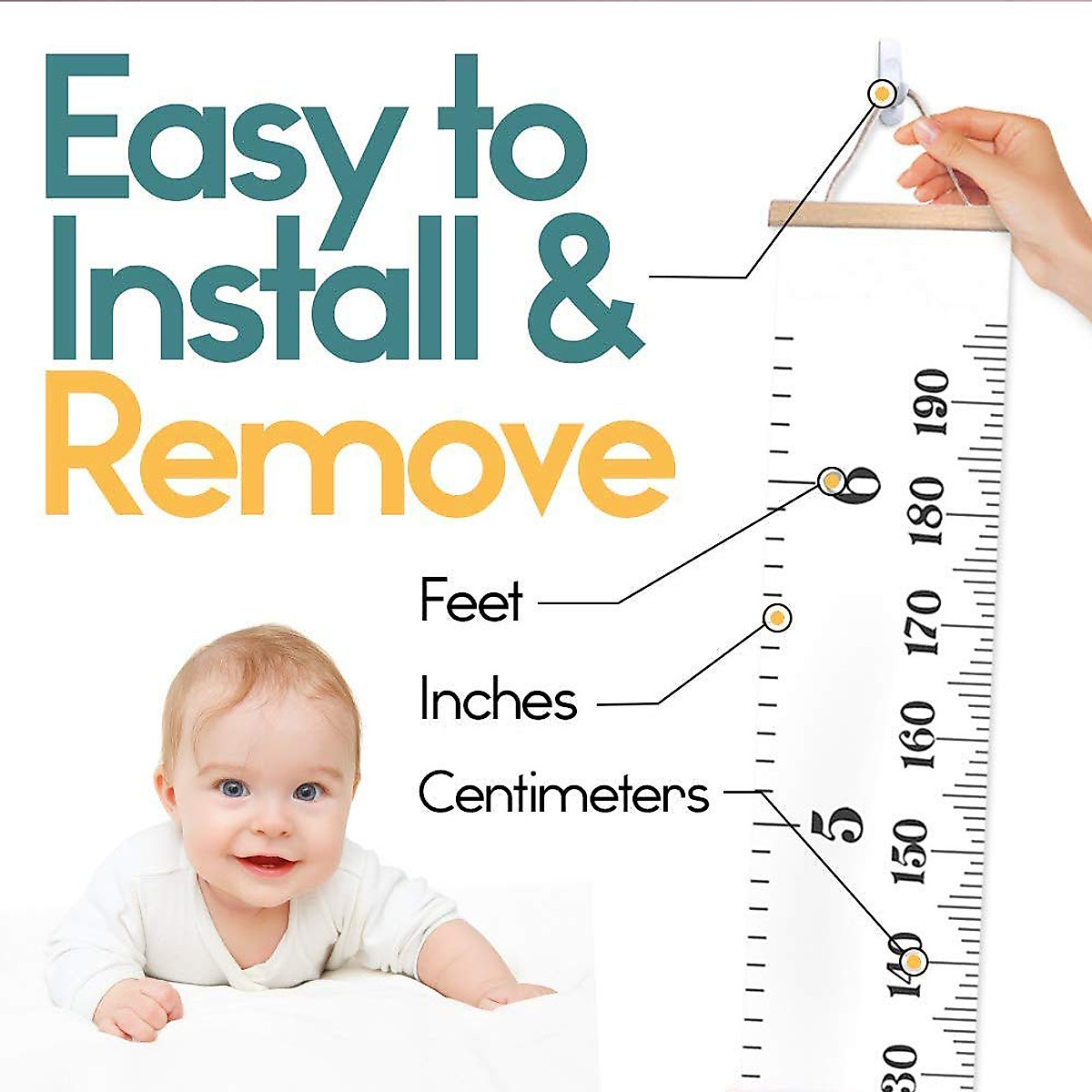 Growth Chart Wall Hanging, Portable Kids Wall Ruler Removable Height Measure Chart for Boys Girls Growth Ruler from Baby to Adult for Child's Room Decoration 79''7.9''