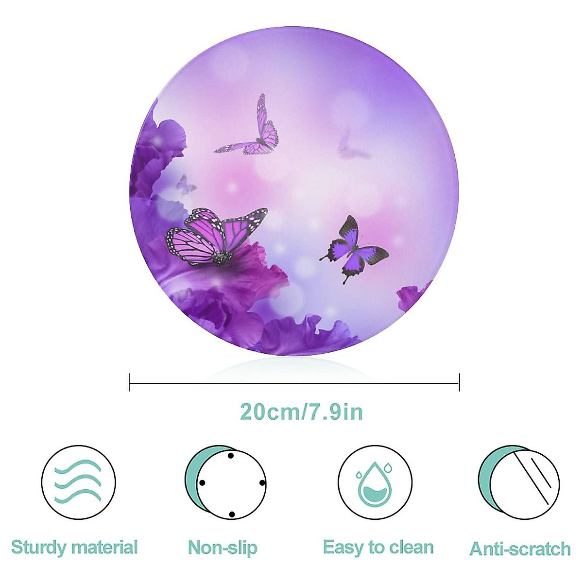 Bagea-Ka Butterfly on Purple Flowers Pattern Tempered Glass Cutting Board 8" Round Kitchen Decorative Chopping Board Small